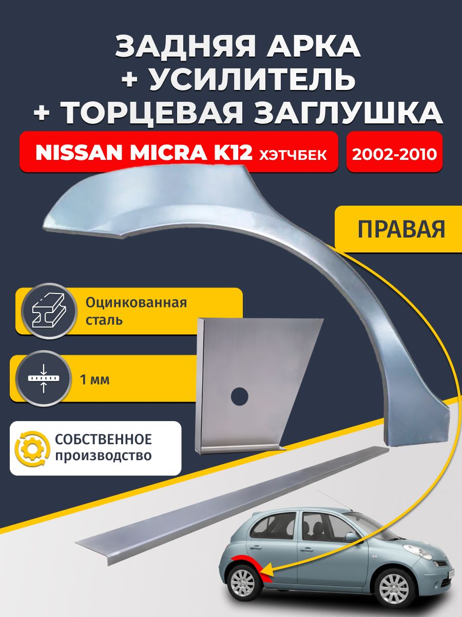 Правая ремонтная задняя арка (0,8 мм) + торцевая заглушка (1 мм) + усилитель (1 мм) на Nissan Micra K12 2002-2010 хэтчбeк 5 дв (Ниссан Микра). Оцинкованная сталь 1 мм