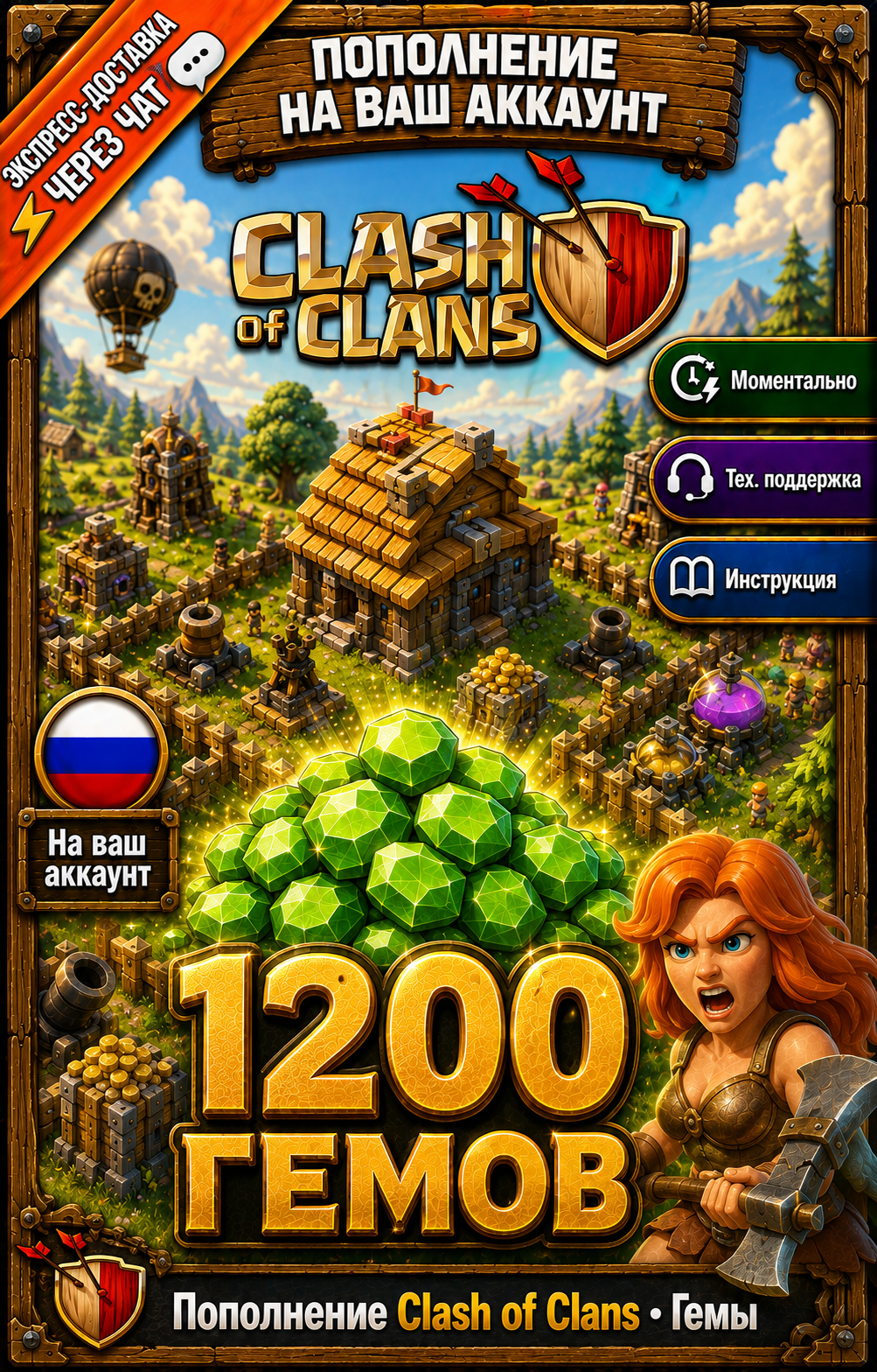 Clash of Clans 1200 гемов — пополнение, игровая валюта