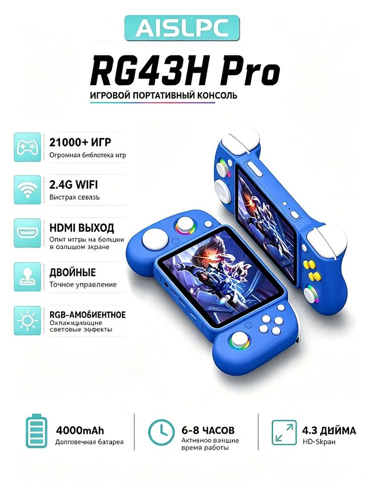 RG43H Pro консоль игровая приставка, 4.3", 2ГБ RAM+64ГБ TF, Чип RK3562 HDMI для телевизора, синий