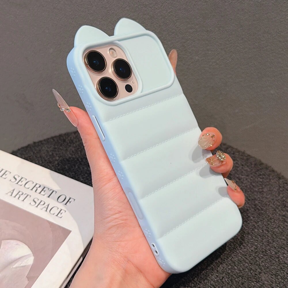 3D-чехол для телефона с кошачьими ушками для iPhone 17 Pro 16 15 14 13 12 11 айфон 14, Голубой, Blue