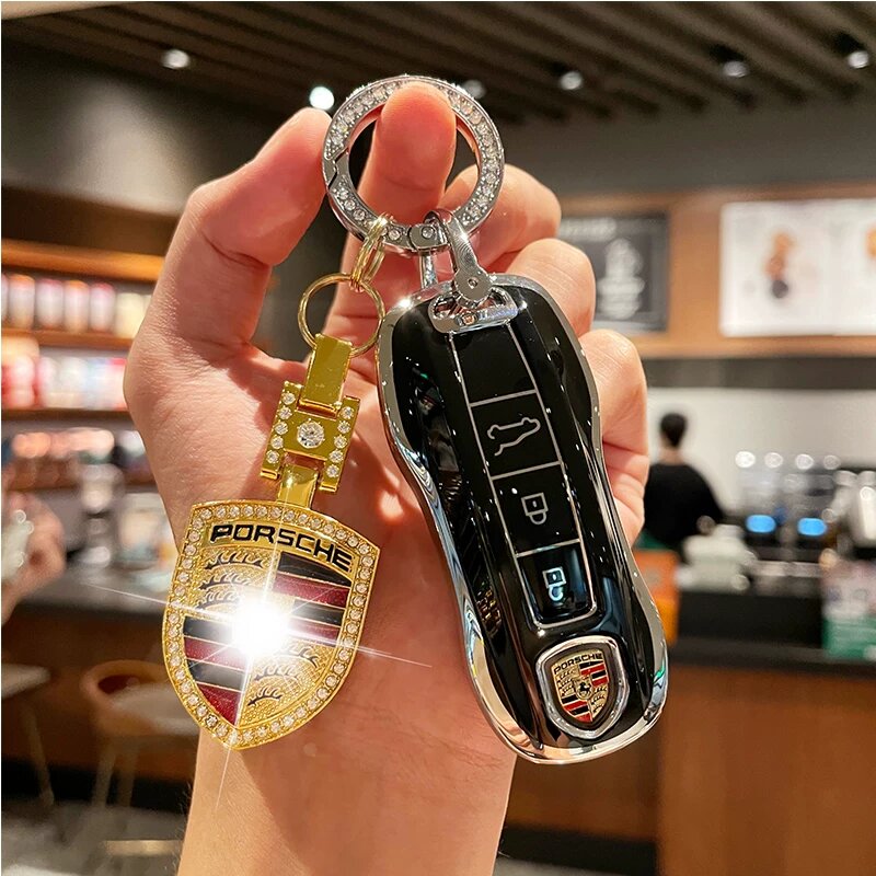 Чехол для ключа Porsche Macan Классический черный с алмазным кольцом для женщин, подходит для Cayenne Panamera Taycan