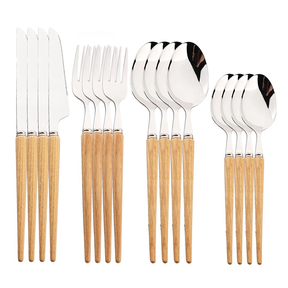 Набор столовых приборов из нержавеющей стали с деревянными ручками 16Pcs Wooden