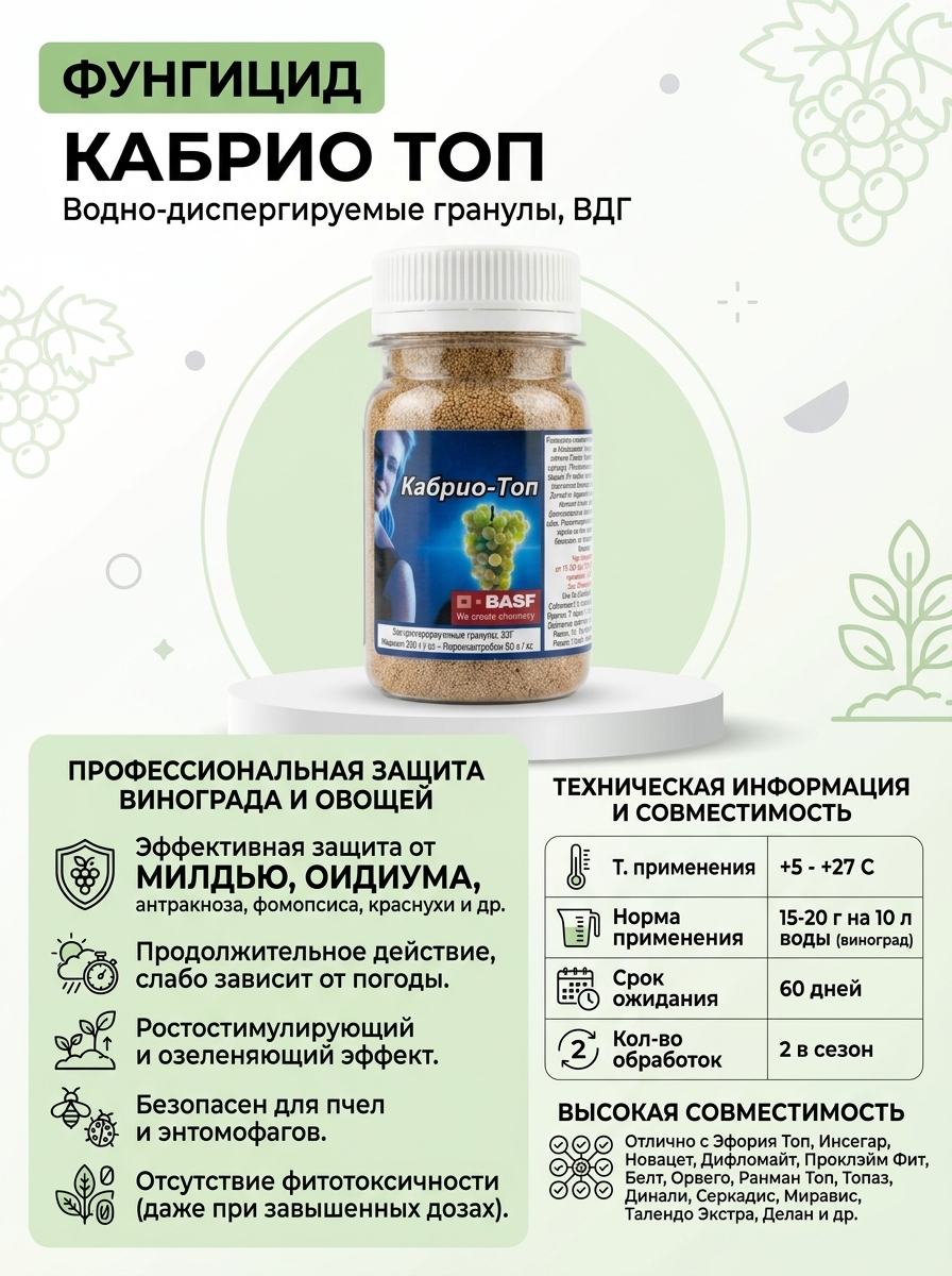 Cabrio top, Контактно-локально-системный фунгицид с максимальным спектром защиты и лечения болезней винограда и овощных культур, 100 грамм — фото 1