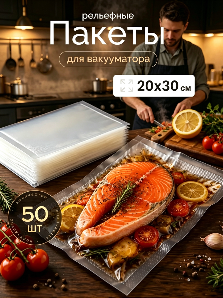 Рельефные пакеты для вакууматора 20х30 см, 50 шт, для хранения продуктов
