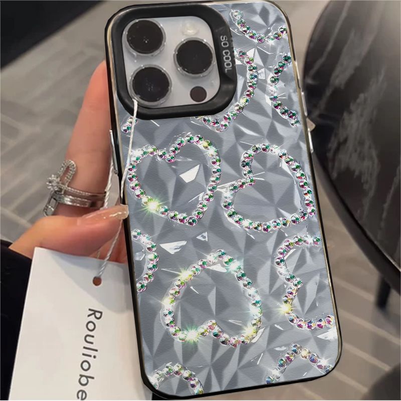 Чехол на Айфон 15 Про Макс / iPhone 15 Pro Max белый с любовной цепочкой и цветными бриллиантами, премиальный ударопрочный чехол долговечный с блестящими камнями