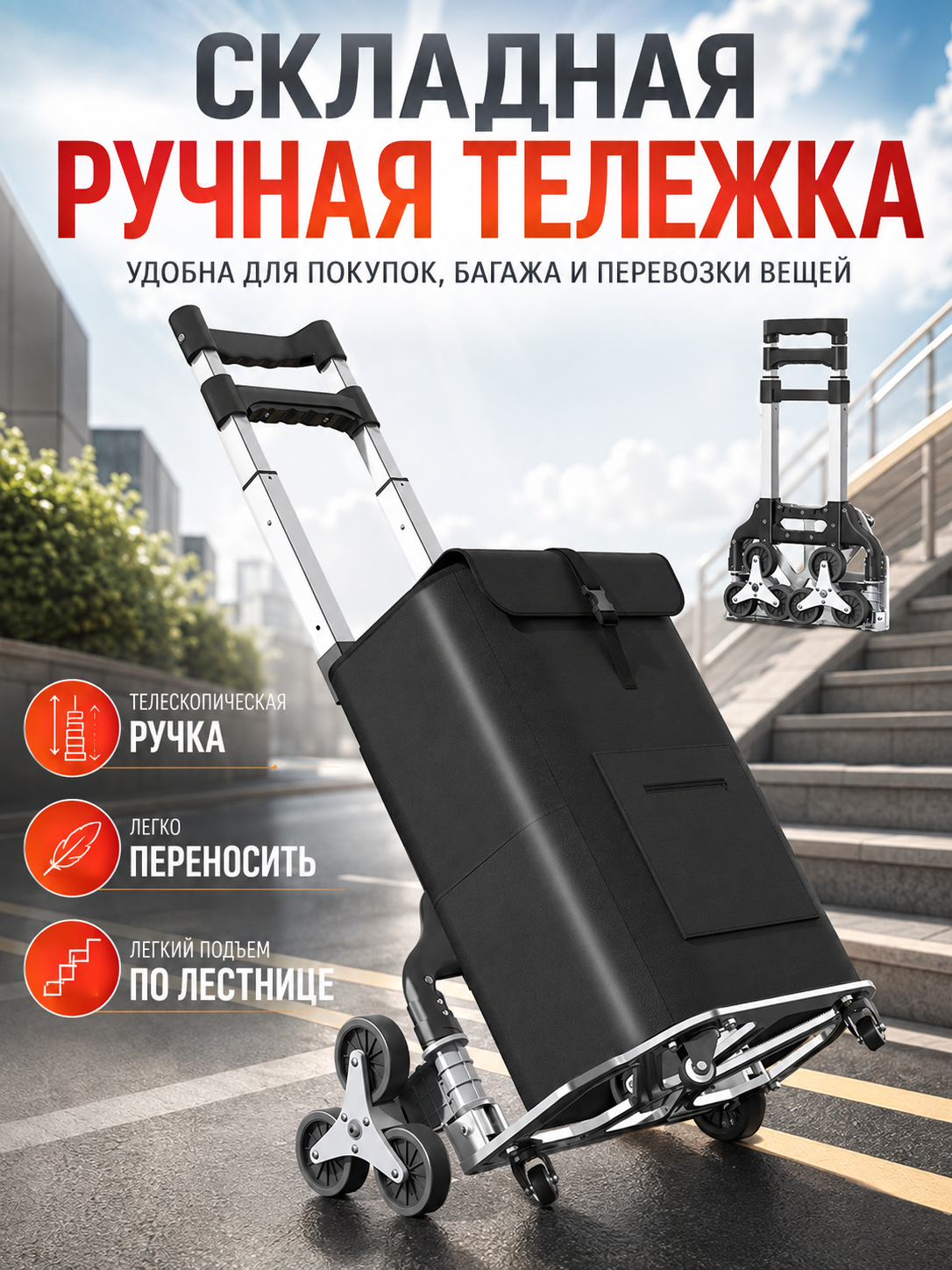 Ручная тележка складная телескопическая, компактная грузовая платформа для удобного подъёма по ступеням при походах за покупками и поездках