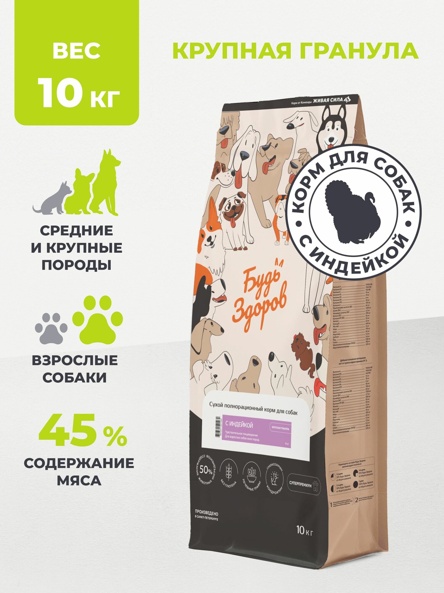 Корм для собак сухой Будь Здоров / Корм для собак сухой крупных пород 10 кг с индейкой для стерилизованных крупная гранула