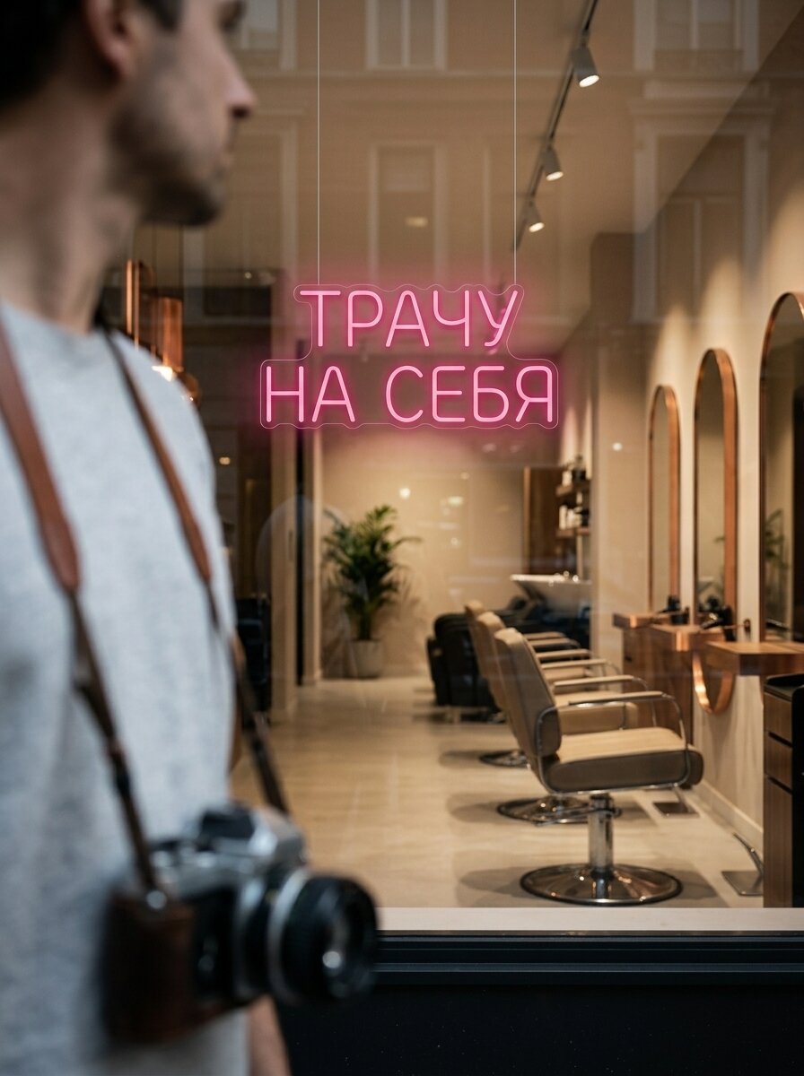 Неоновая вывеска "Трачу на себя" 60х29см, неоновая надпись, LED светильник для салона красоты