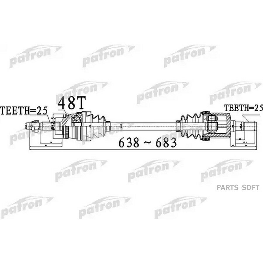 Полуось передний мост слева 25X638X52,5X25 ABS:48T KIA RIO [TC] 06 - АКПП от официального дистрибьютора, PATRON, артикул PDS0521