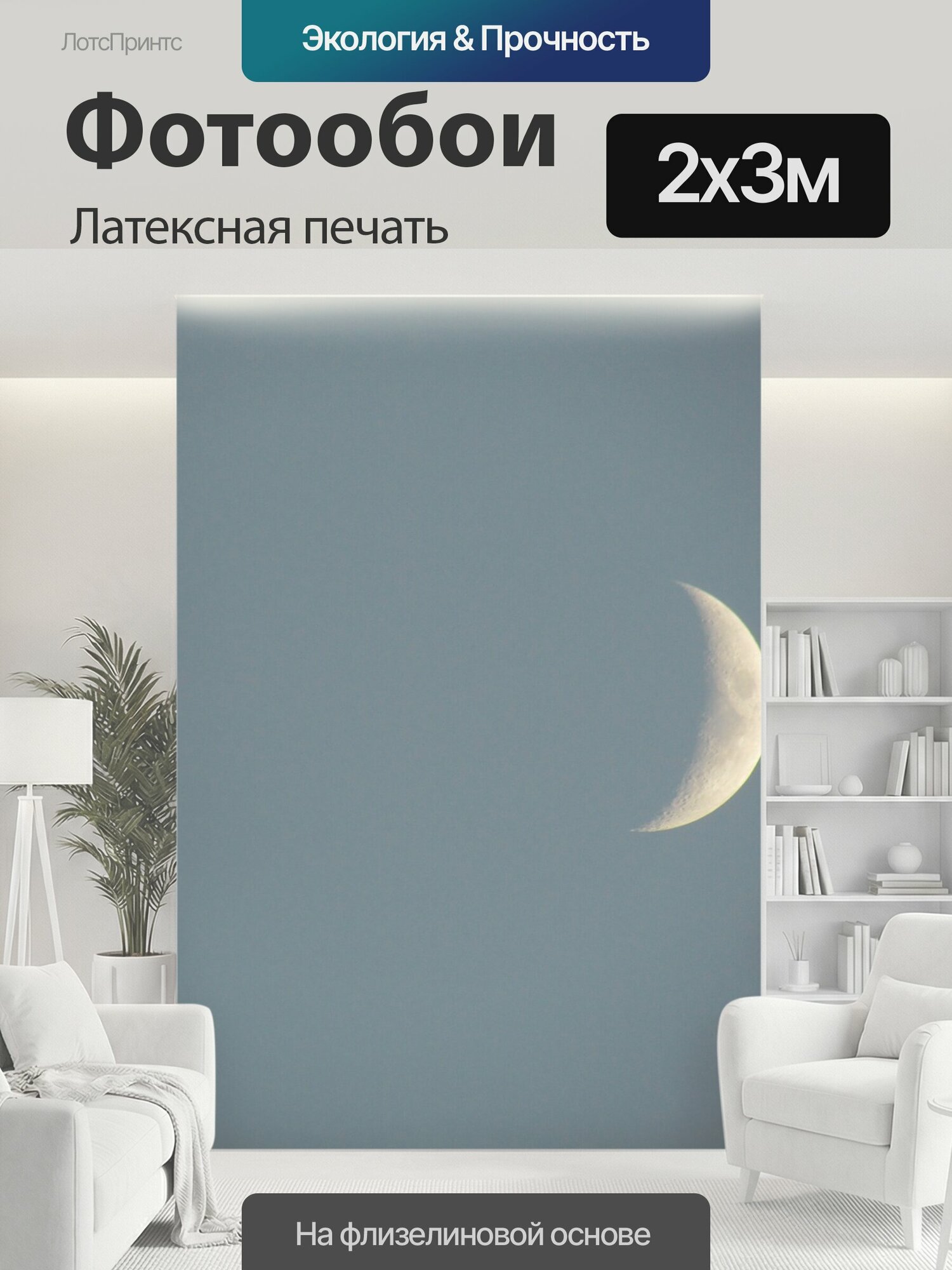 Фотообои моющиеся ударопрочные "Луна, небо, полумесяц" 200x300 см. латексная печать