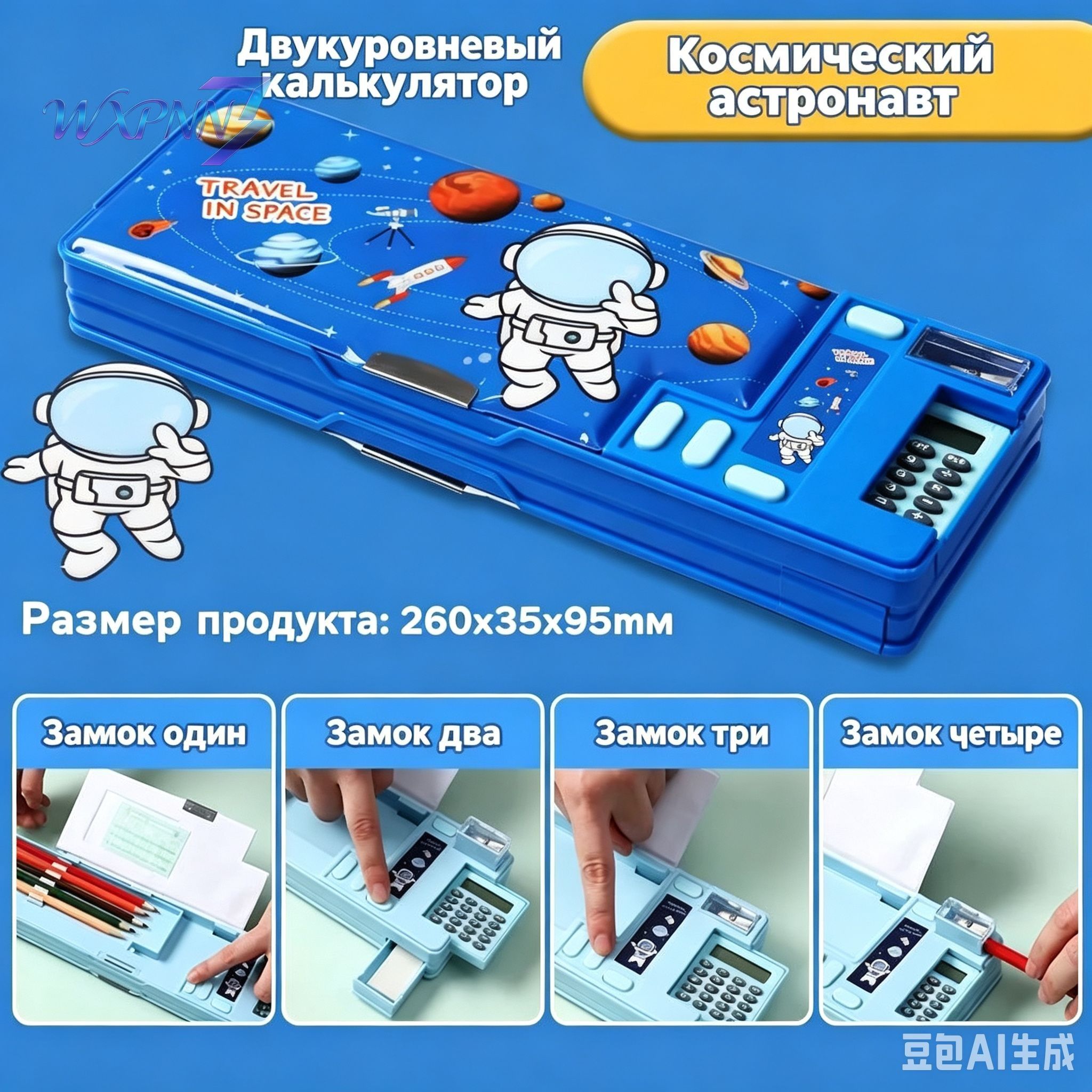 Многофункциональный пенал космонавт черный с магнитной застежкой и калькулятором, большая емкость для школьных принадлеж