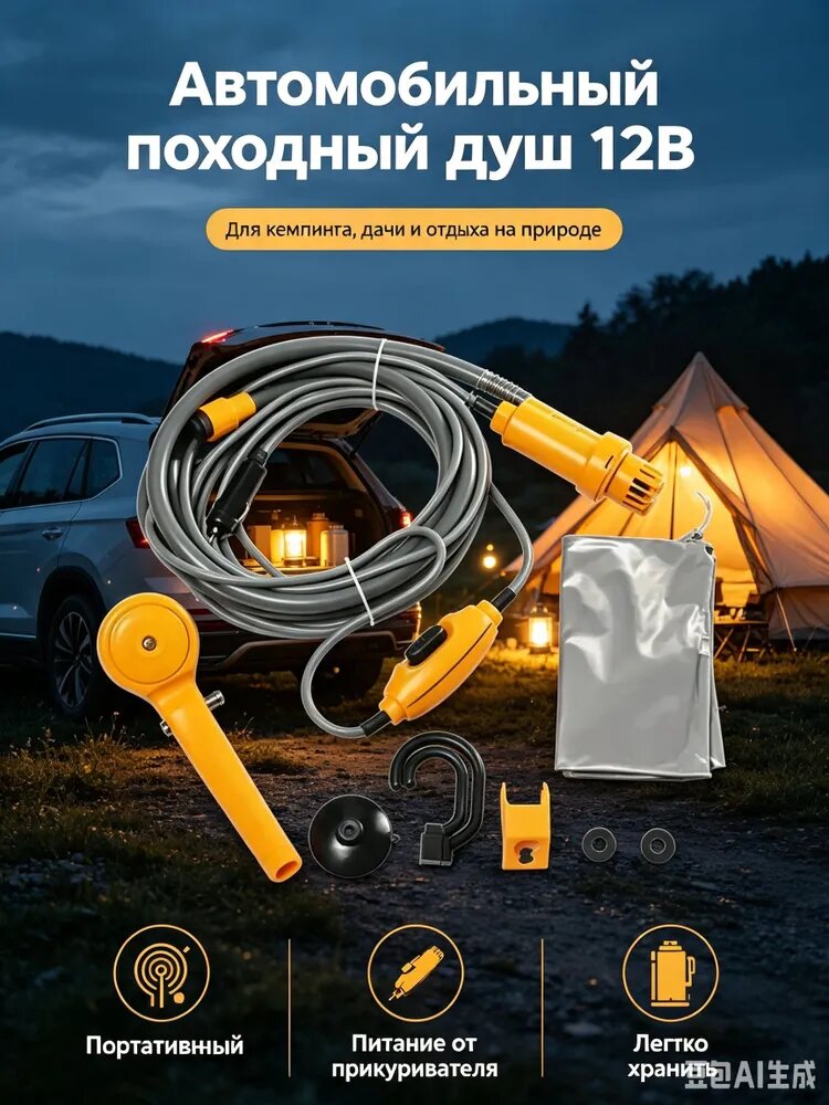 Автомобильный походный душ 12В от прикуривателя для кемпинга, дачи, туризма и сада