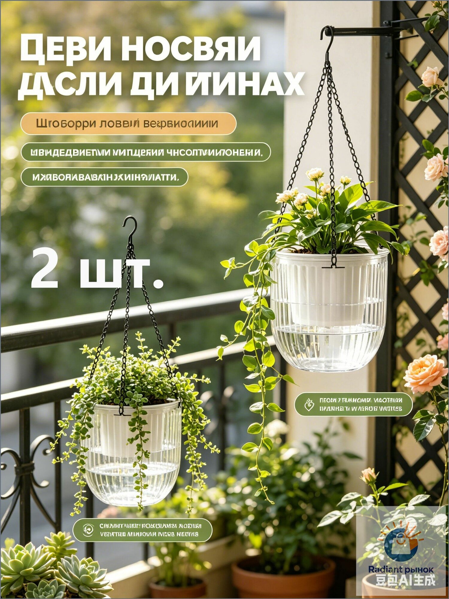 Каскад для цветов 1.2 л, 11.5 см, 2 шт, цвет белый
