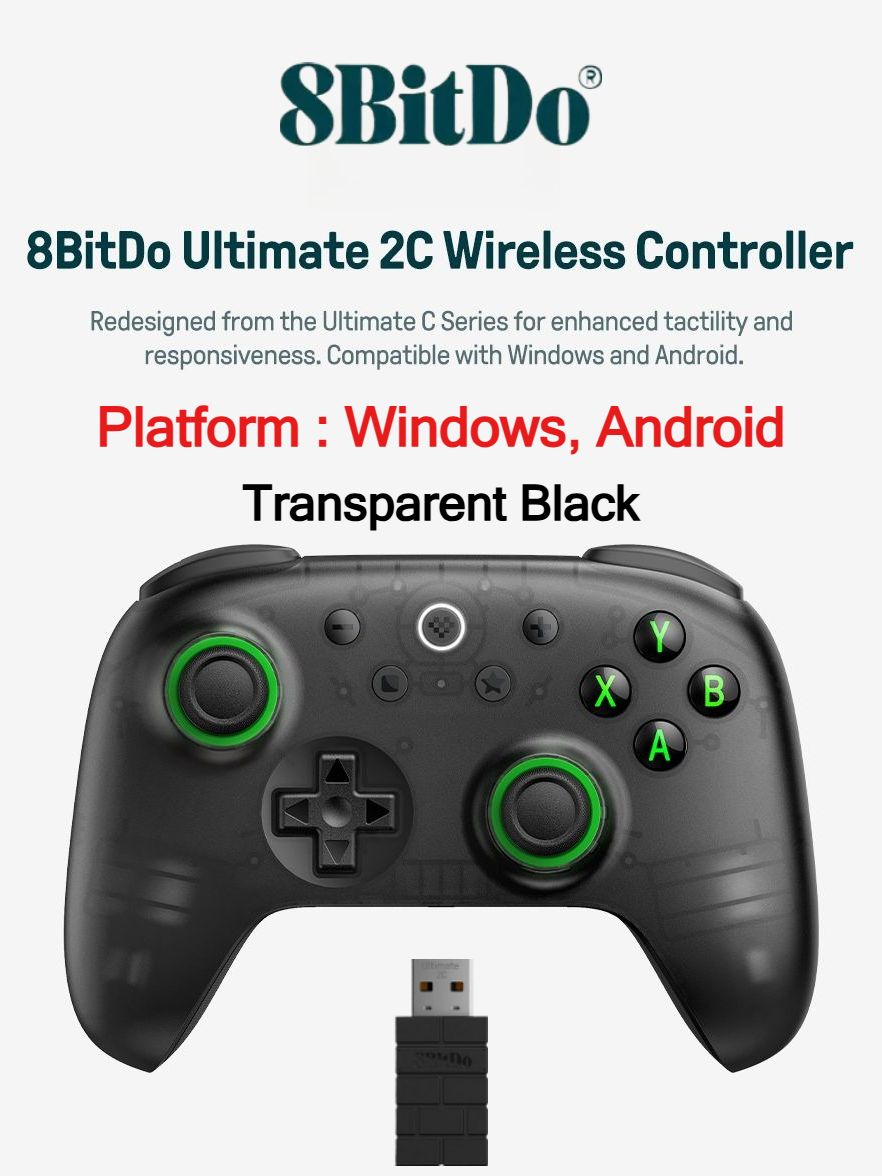 8BitDo Ultimate 2 81HD Беспроводной игровой контроллер Ultimate 2c для ПК, Windows 10/11, Черная прозрачная версия, Android