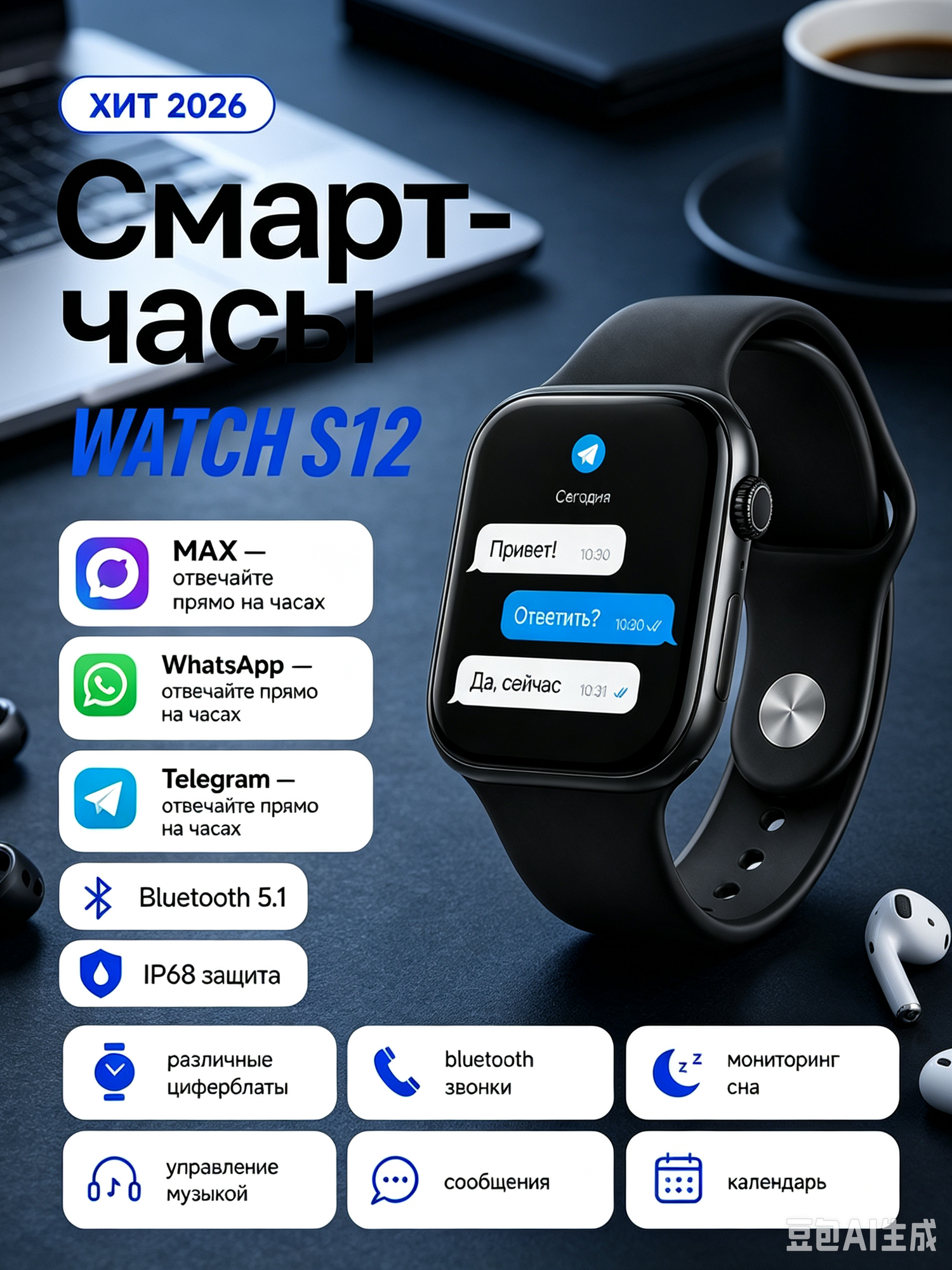 Умные часы WATCH S12 ответ на сообщения (WhatsApp/Telegram/MAX), беспроводная зарядка смарт-часы