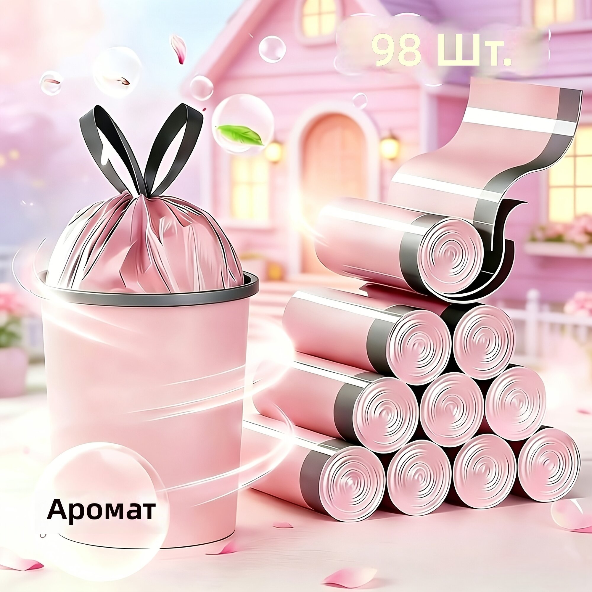 Мешки для мусора на завязках утолщенные розовые 98 шт. с ароматом, устойчивые к разрывам и проколам для дома и сада