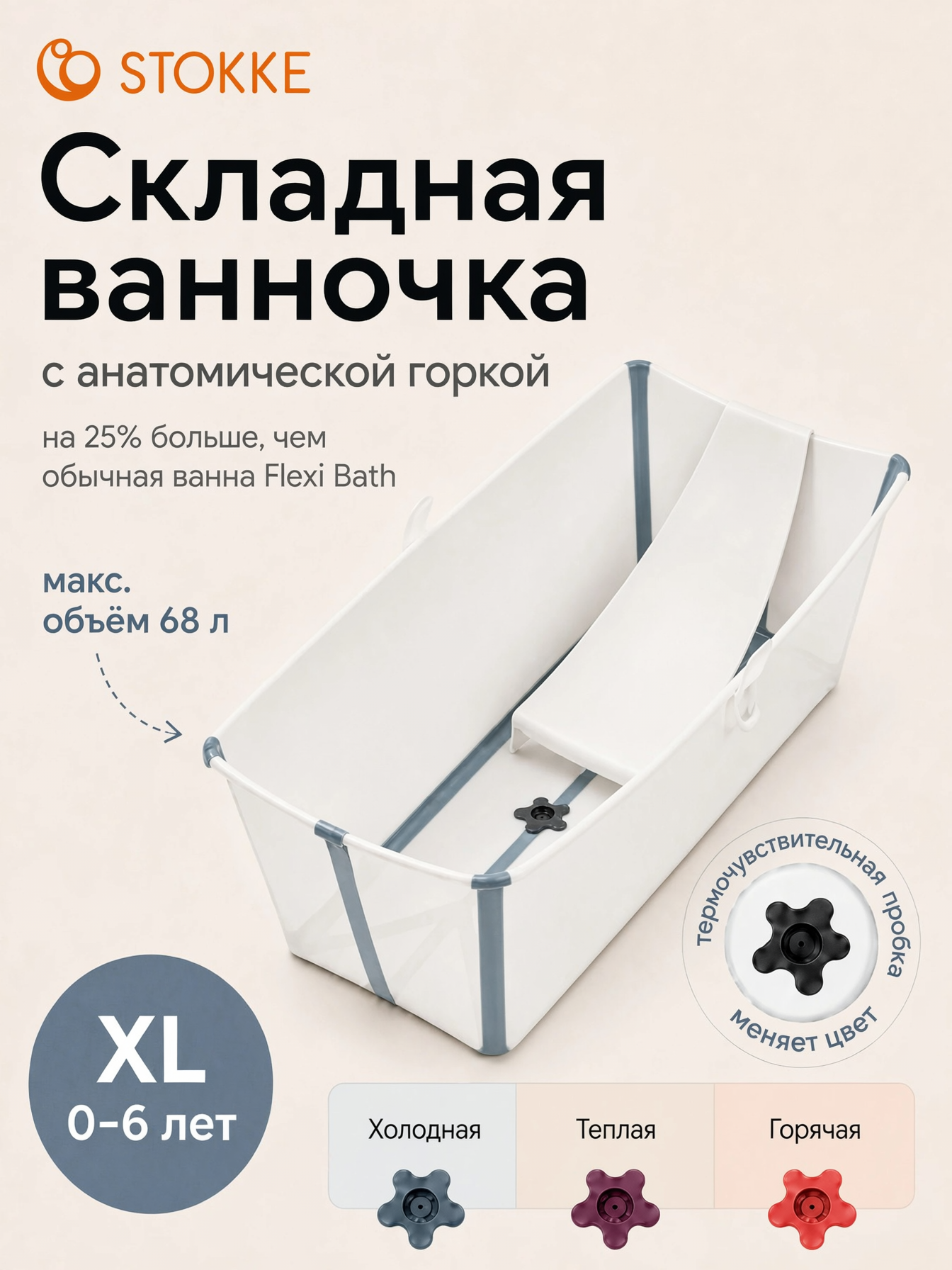 Ванночка для купания новорожденных складная с горкой детская Stokke Flexi Bath XL Макси White бело-серый