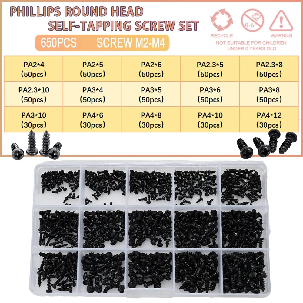 M1-M4 Набор саморезов Phillips с круглой головкой, черный комплект из углеродистой стали с круглой цилиндрической головкой и крепежными винтами