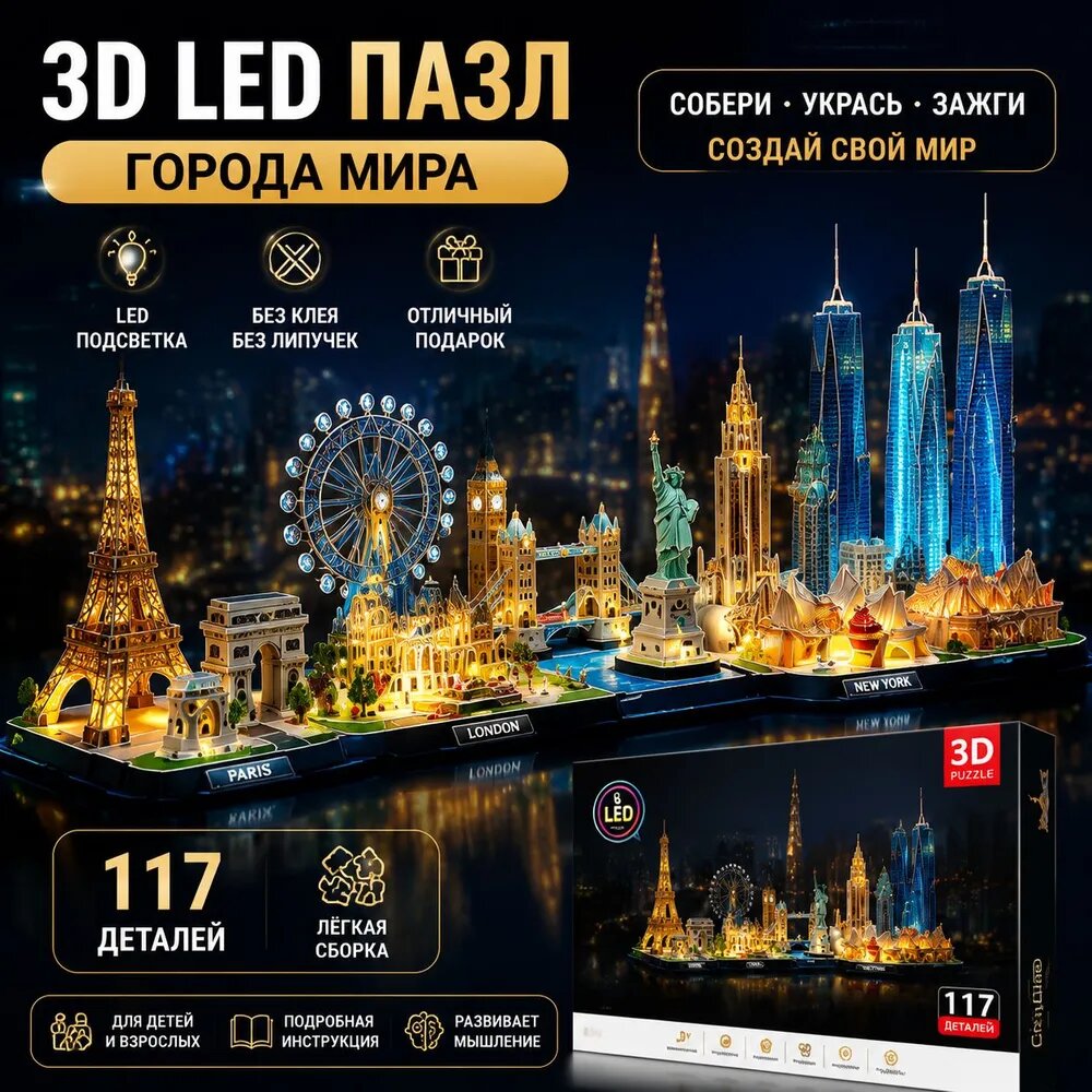 3D пазл с LED подсветкой Париж, Лондон, Нью-Йорк DIY сборка, без клея, декор для дома и подарка, 50 70 деталей, для детей 8+