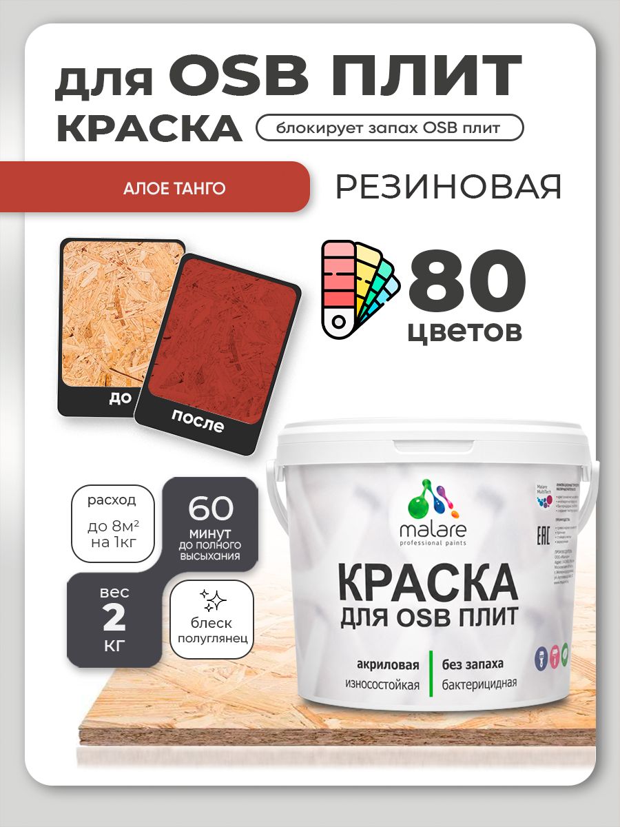 Резиновая краска для ОСБ плит Malare акриловая краска для дерева для наружных и внутренних работ, быстросохнущая без запаха полуглянцевая, алое танго, 2 кг
