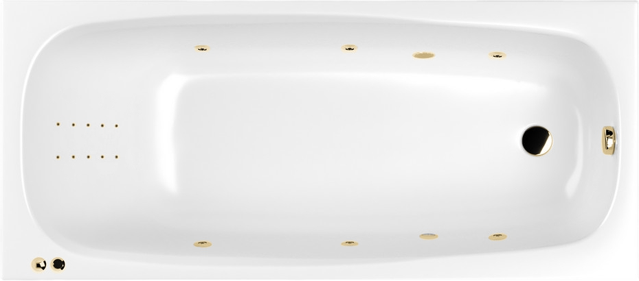 Акриловая ванна WHITECROSS Layla Slim Line Nano 170x75 см, встраиваемая, с гидромассажем, белый глянец, с каркасом, со сливом-переливом, фурнитура золото