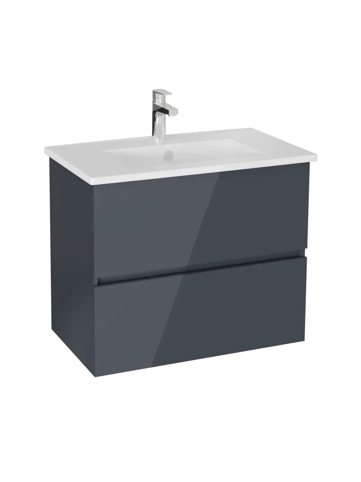 Тумба с раковиной VitrA Mia Plus Square 80 подвесная, 78,5 см, серая, черная, глянцевая, из МДФ, с ящиками, раковина для ванной, фарфоровая, прямоугольная, с сифоном