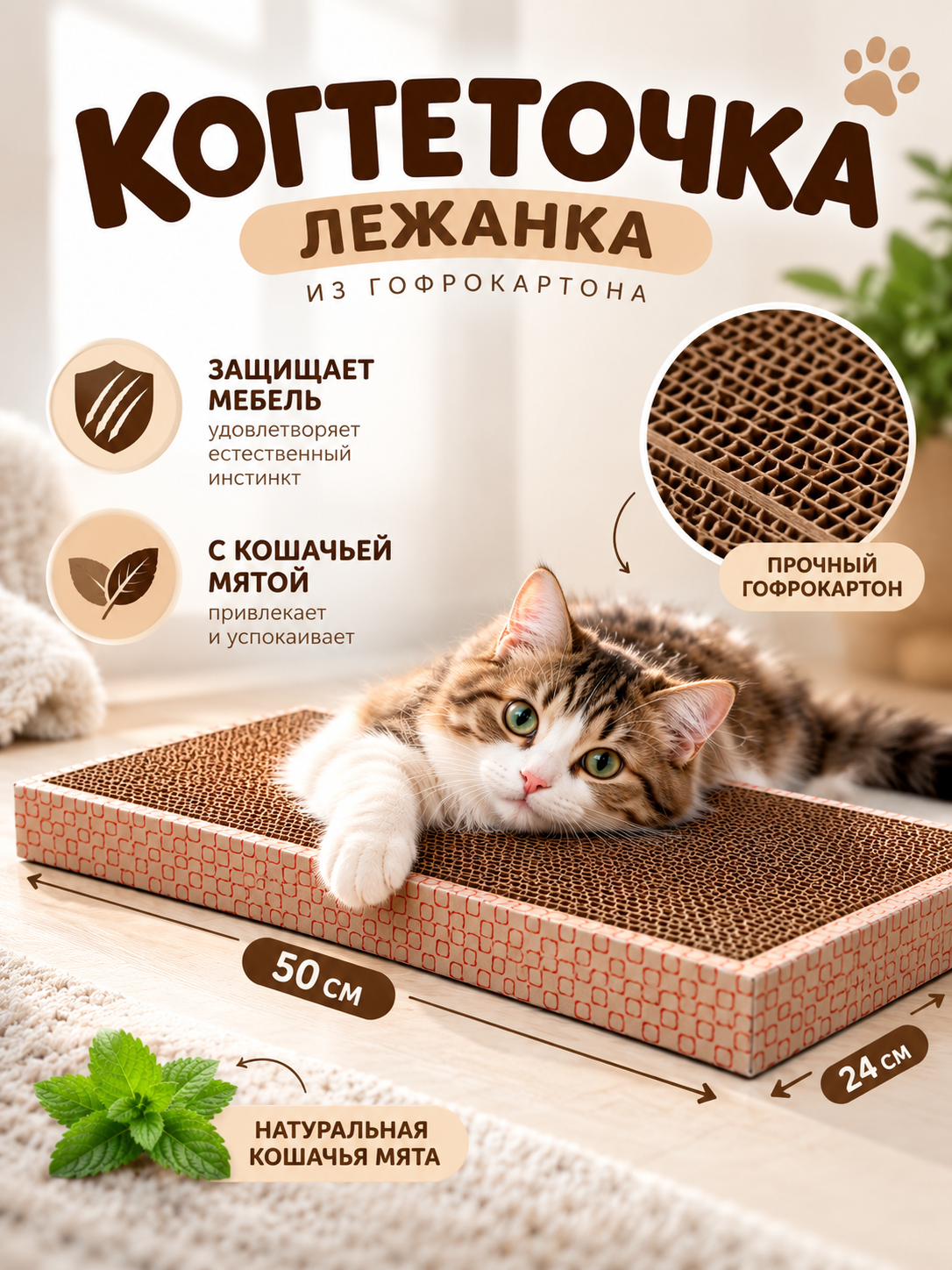 Когтеточка для кошек, лежанка из гофрокартона, с кошачьей мятой, 50 х 24 см