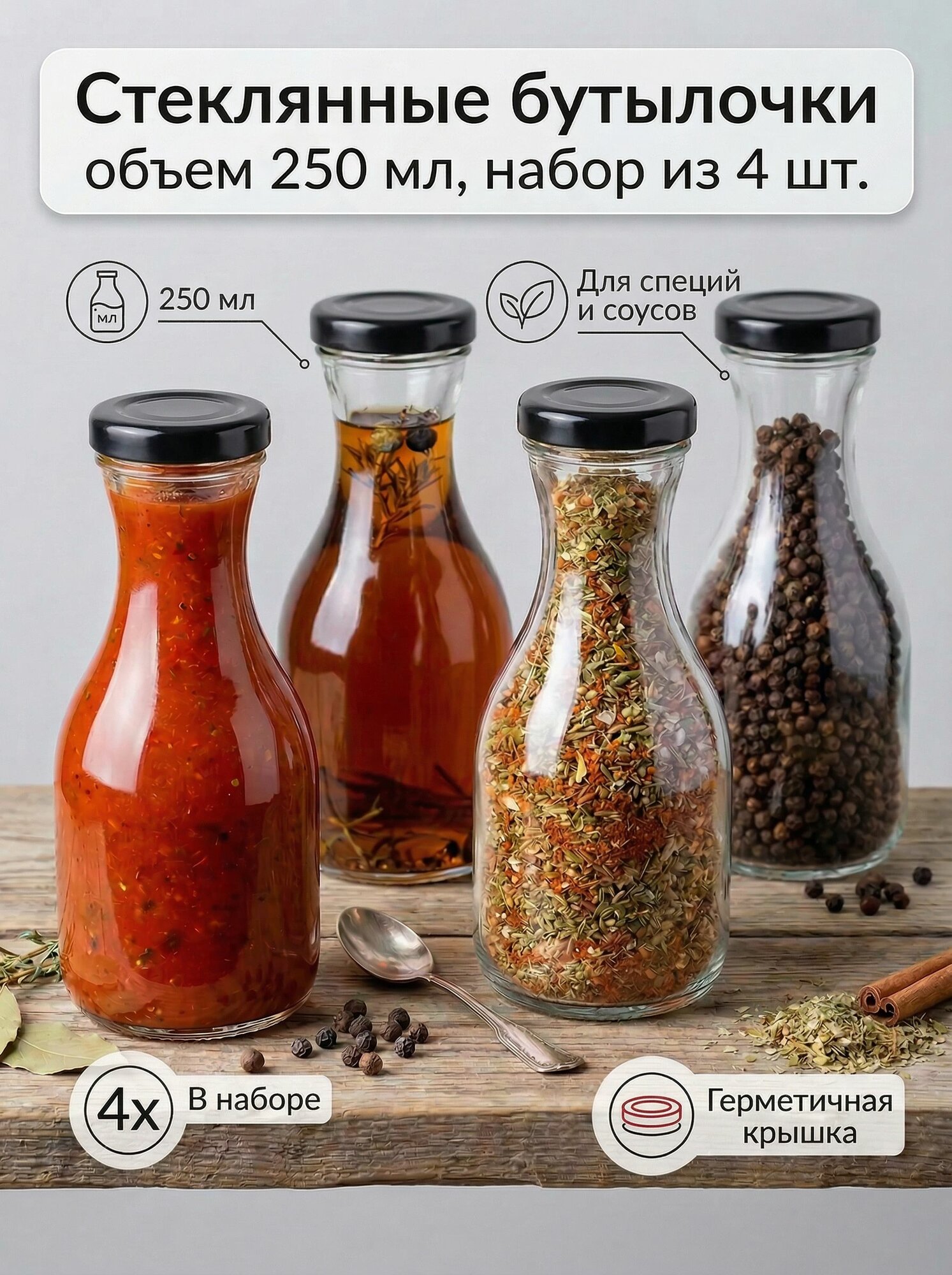 Бутылка 0.25 л 4 шт, для хранения и транспортировки жидкостей, тара с крышкой для бытовых задач, для хранения жидкостей