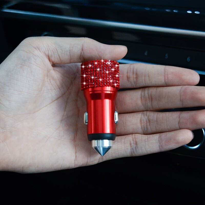 Красное автомобильное зарядное устройство с двумя USB-портами 5В/3.1А, декор под искусственные бриллианты, нейлоновый кабель Type-C/Micro USB, без аккумулятора