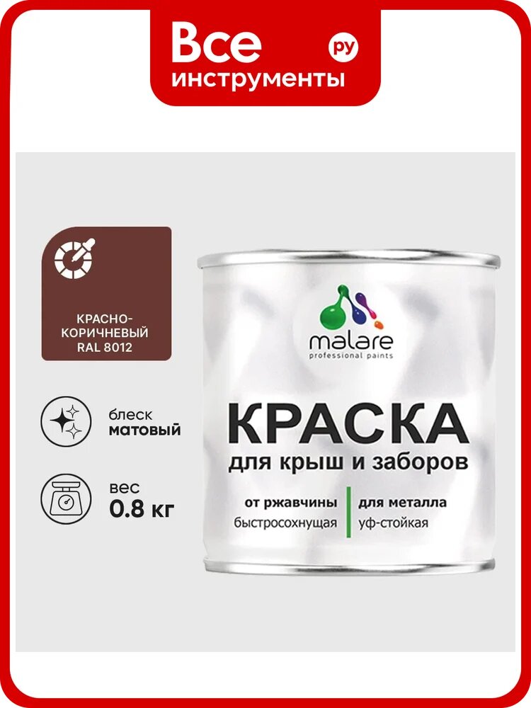 Краска по металлу MALARE для крыш и заборов, по ржавчине, быстросохнущая, износостойкая, матовая, красно-коричневый, 0,8 кг КМЗ8012М0080