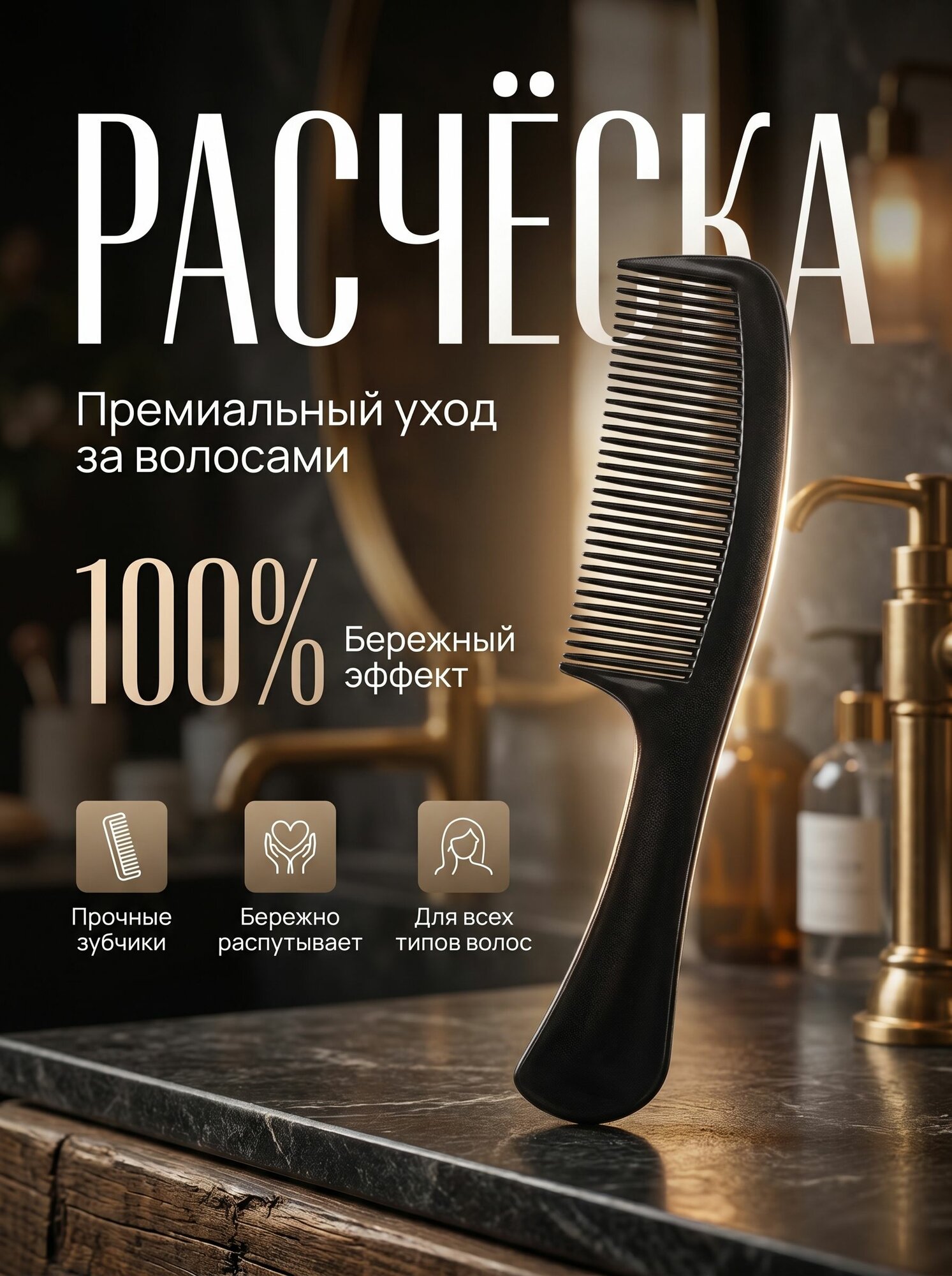 Расческа для волос, расческа-гребень черная, 19*4.5 см.