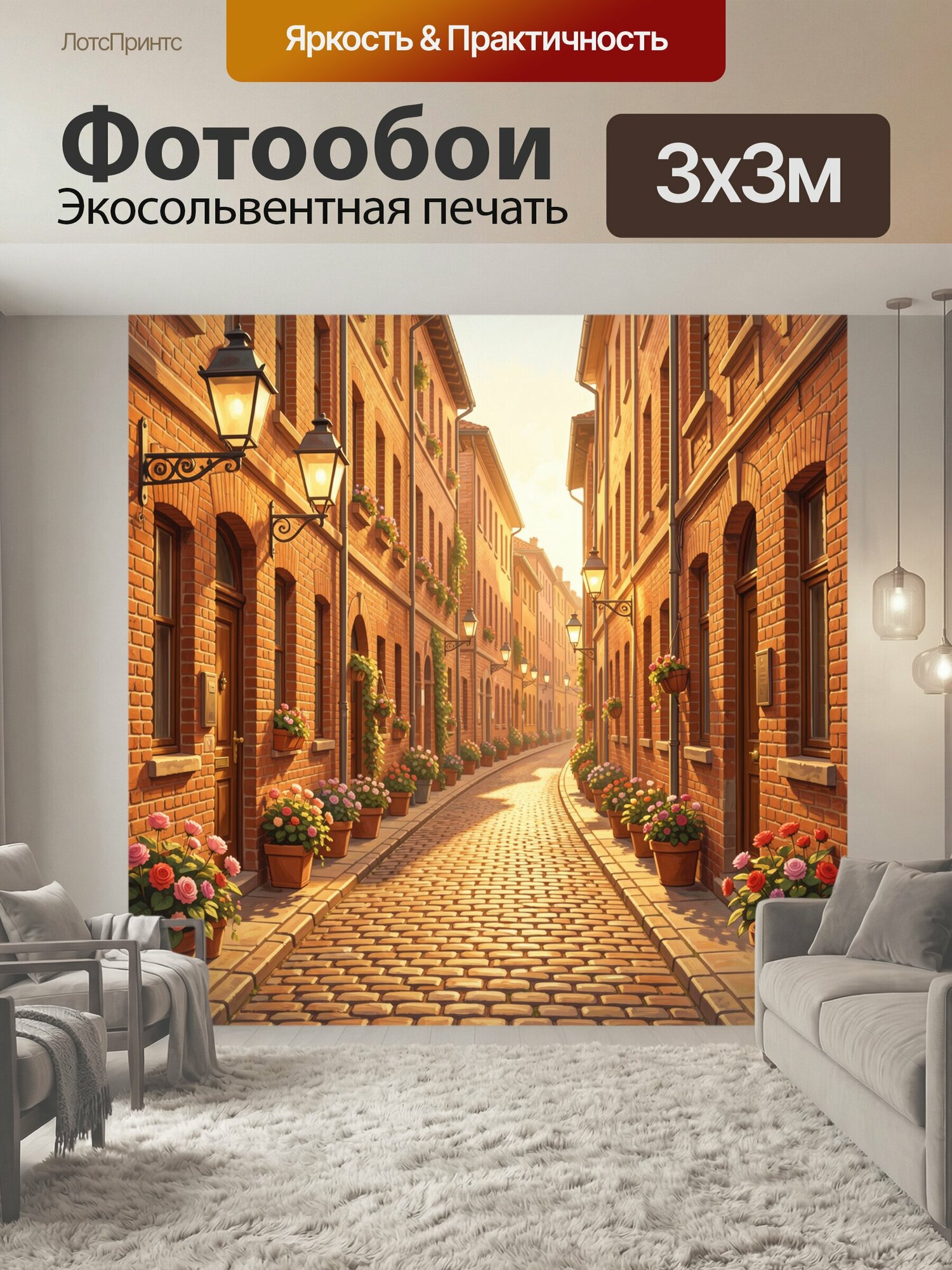 Фотообои "Тихая улочка с цветами в горшках. Солнечная европейская улочка: кирпичные фасады, арочные двери, фонари и ряды терракотовых вазонов." 300x300 см. экосольвентная печать