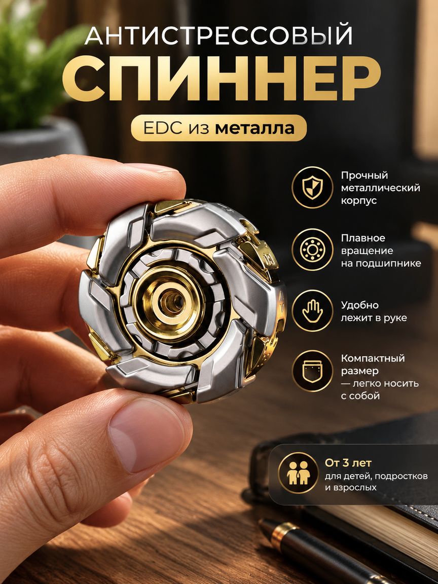 Антистрессовый спиннер EDC из металла, серебристо-золотой корпус, вращение на подшипнике, от 3 лет