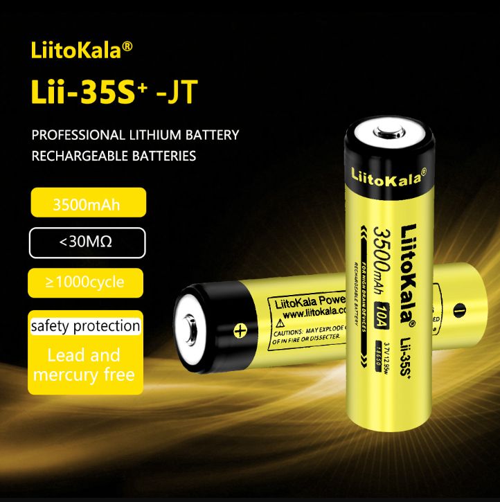 Аккумулятор 18650 LiitoKala Lii-35S Li-ion 3500 мАч 3.7В для фонаря, выпуклый плюс, без защиты, 4 шт