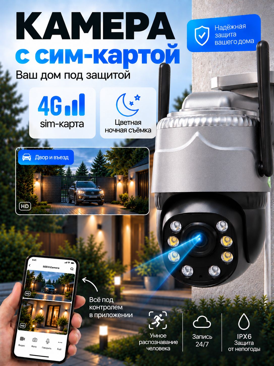 Камера видеонаблюдения уличная с сим картой 4G для удаленного наблюдения
