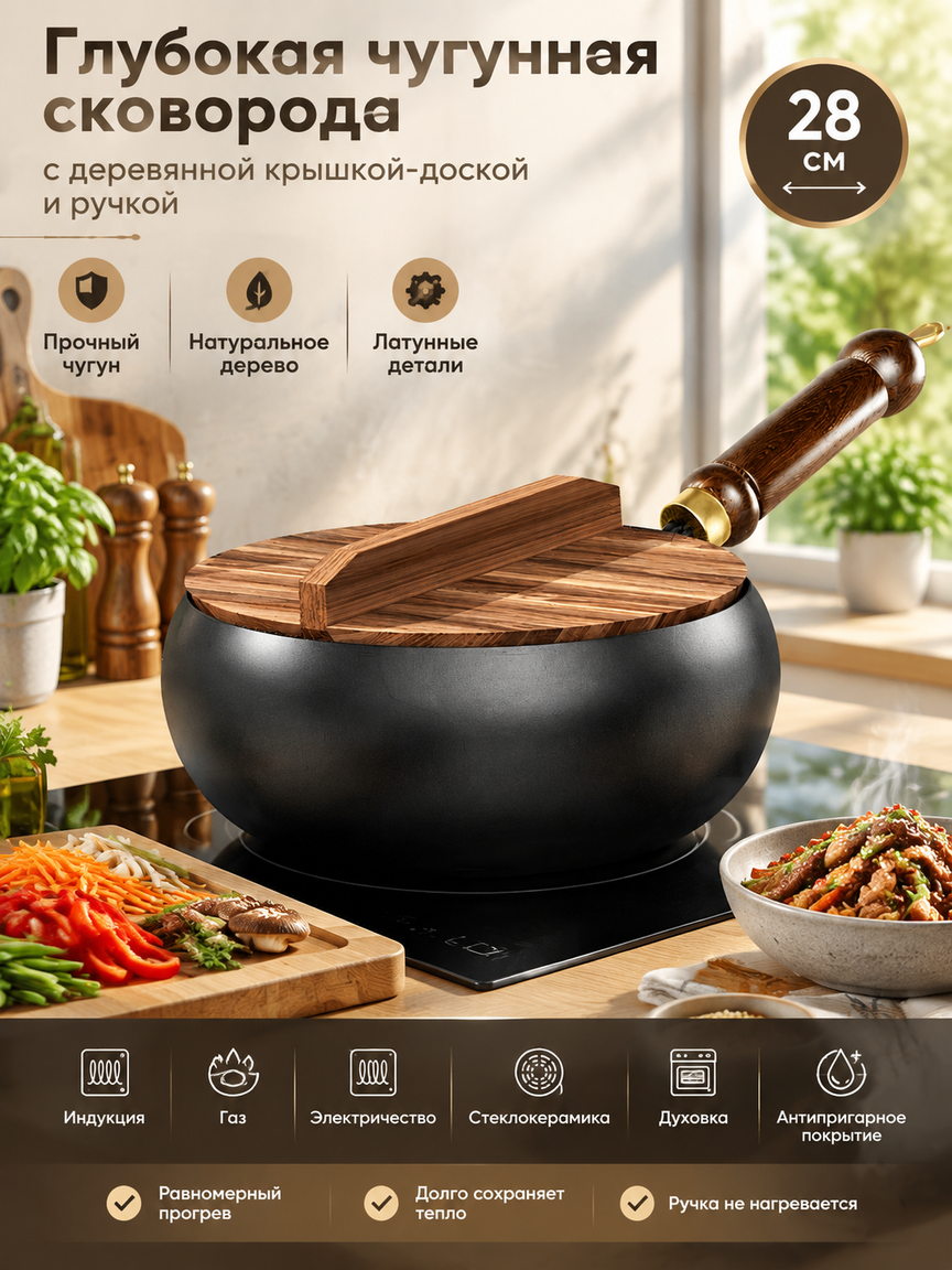 Глубокая чугунная сковорода с деревянной крышкой-доской и ручкой, 28 см, для индукции