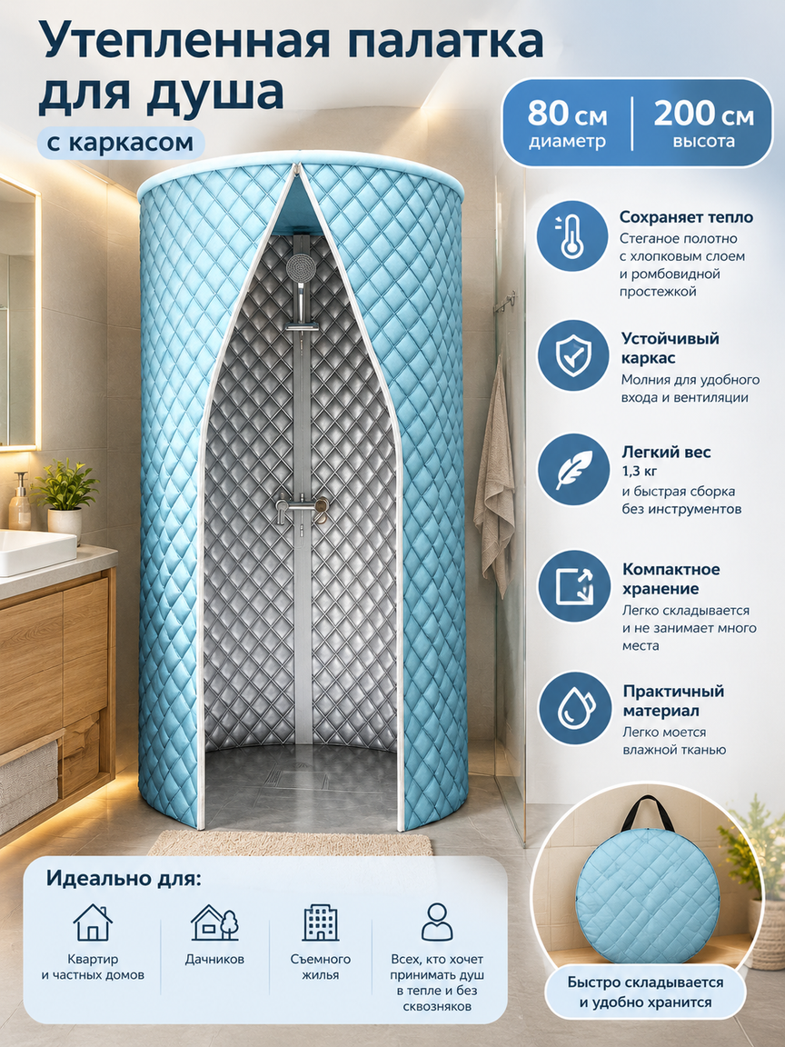 Утепленная палатка для душа с каркасом, стеганая термошторка для ванной 80×200 см, синяя
