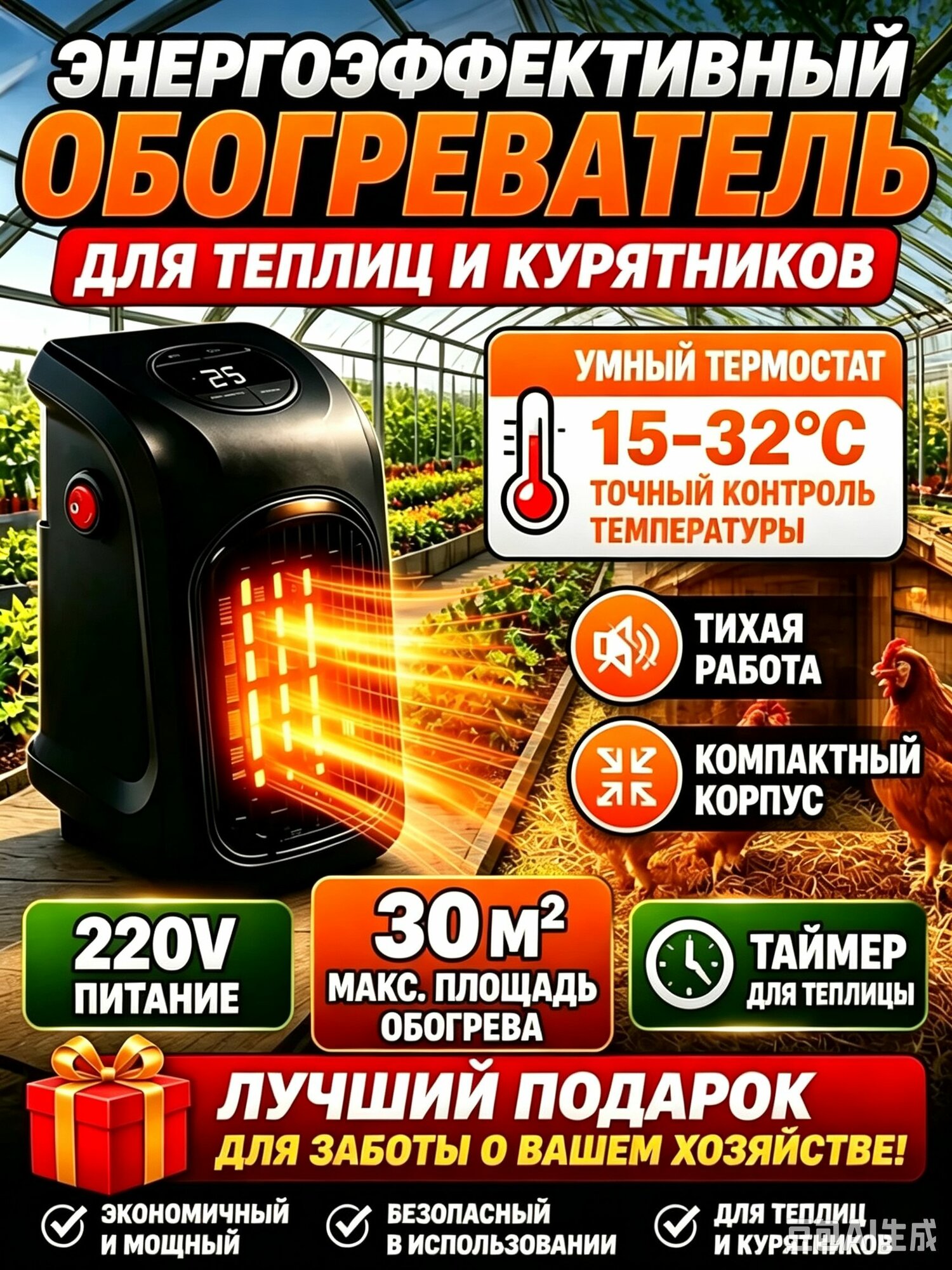 Обогреватель для теплиц и курятников 220 В, до 30 м , умный термостат 25 60 C компактный, бесшумный, таймер для парников