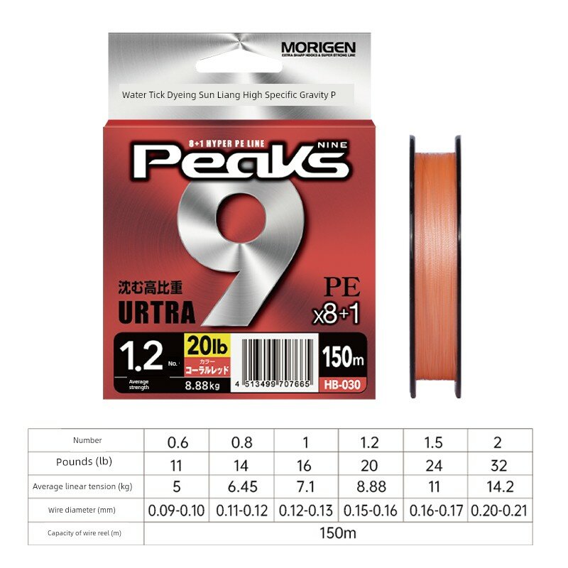 MORIGEN PEAKS P9 9-вывитая тонущая леска из ПЭ 2.0 мм коралловый красный 150 м