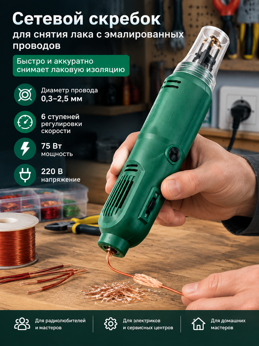 Сетевой скребок для снятия лака с эмалированных проводов, 220 В, 75 Вт, 0,3–2,5 мм, 6 режимов