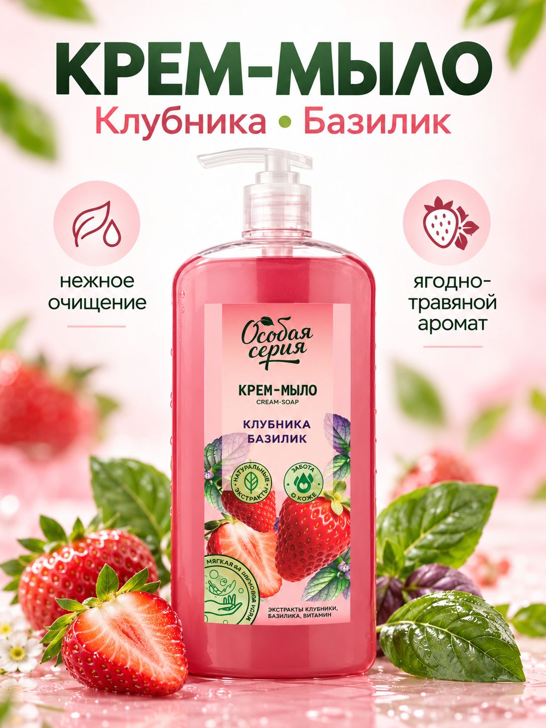 Жидкое крем -мыло для рук и тела Клубника и Базилик 950мл