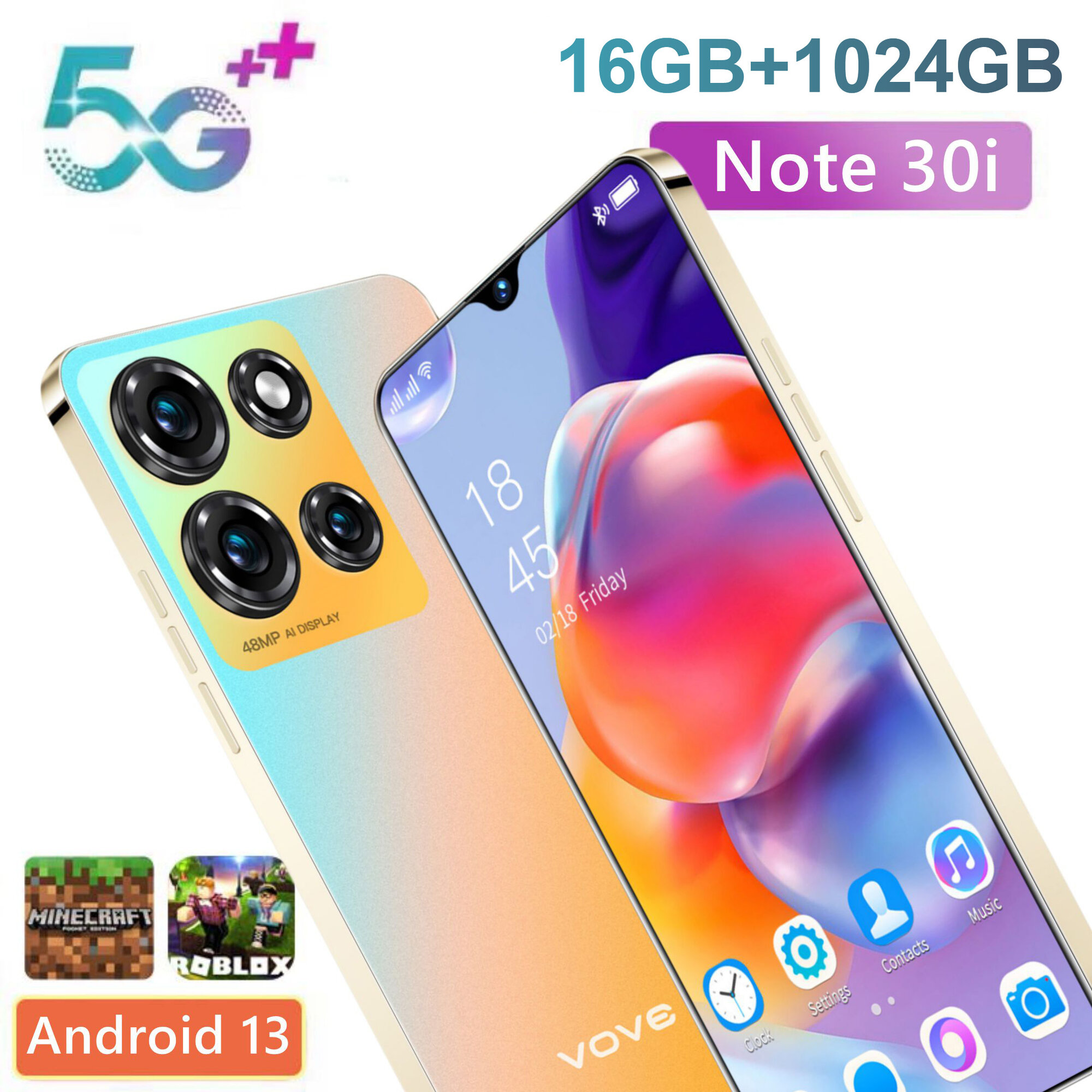 Смартфон андроид Note 30i 5G 16/1024ГБ, MTK8200, Android 13, 6.74"AMOLED,5000 мА*ч, IP54, Меню на русском языке, Золотой