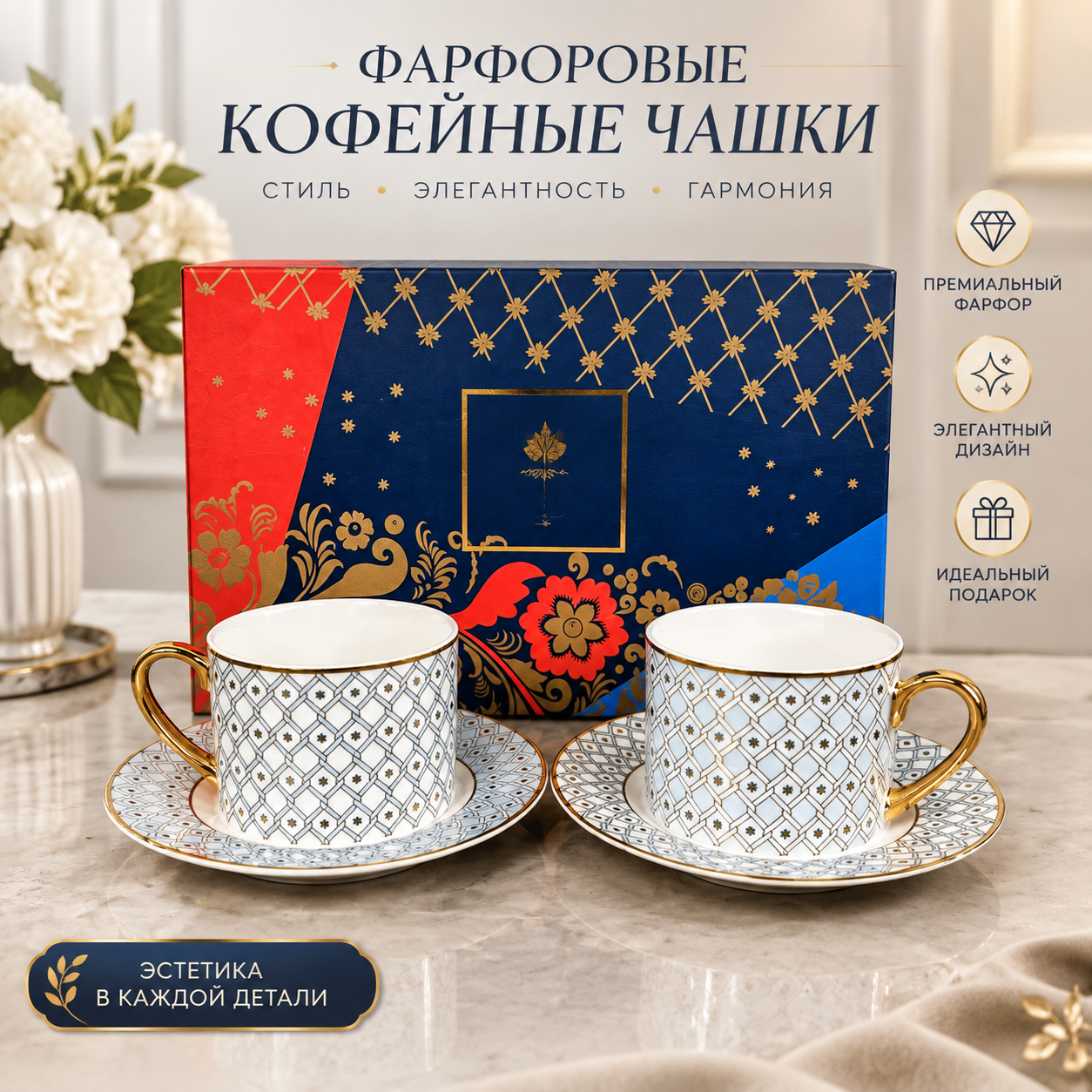Элегантный сервиз для завтрака 4 предмета на 2 персоны из костяного фарфора, чашки с блюдцами, подарочная упаковка