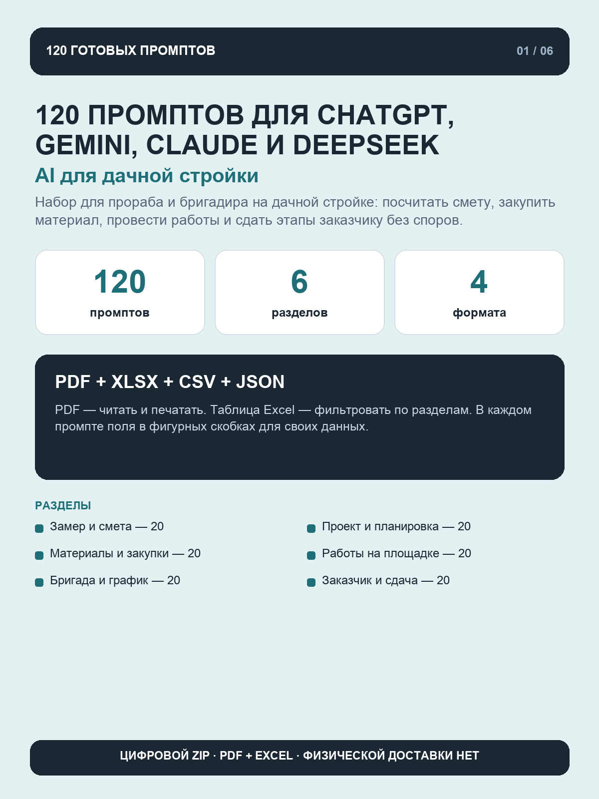AI для дачной стройки: 120 промптов для ChatGPT, Gemini, Claude и DeepSeek, цифровой ZIP PDF и Excel