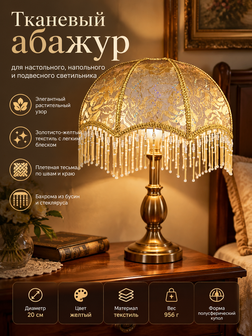 Абажур из ткани с золотым узором и подвесками, диаметр 20 см, желтый, настольного светильника