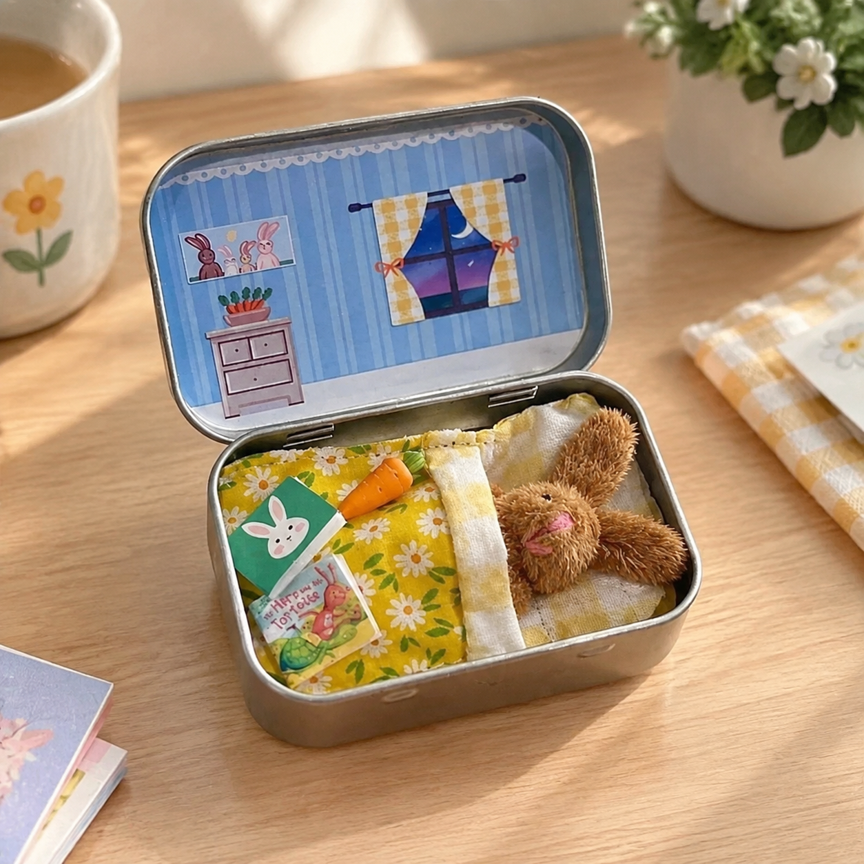 Cute Miniature Plush Brown Rabbit in Vintage Tin Storage Box 10 cm Tall Soft Stuffed Bunny Toy Gift for Children Adults Easter Birthday Party Favor Desk Decor Kawaii Pocket Size Travel Buddy