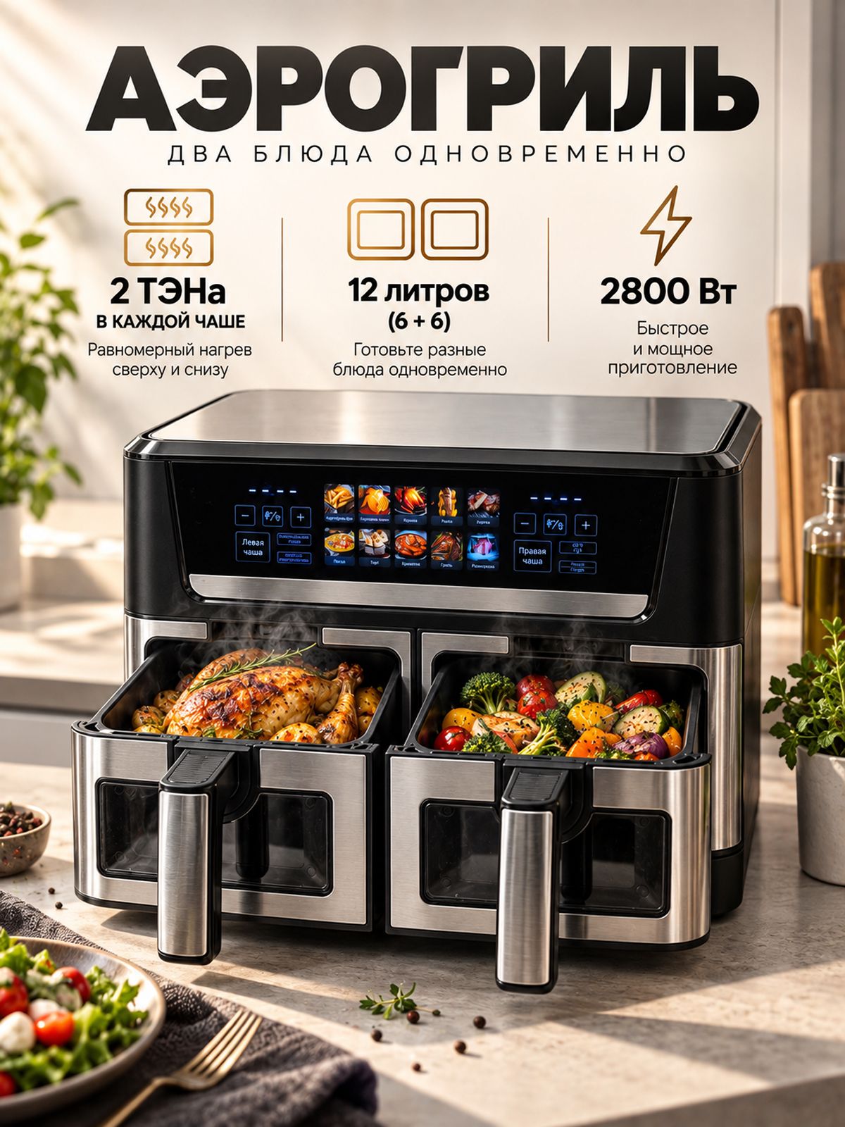 Аэрогриль электрический многофункциональный с двумя чашами, 4 ТЭНа, 12л 2800вт