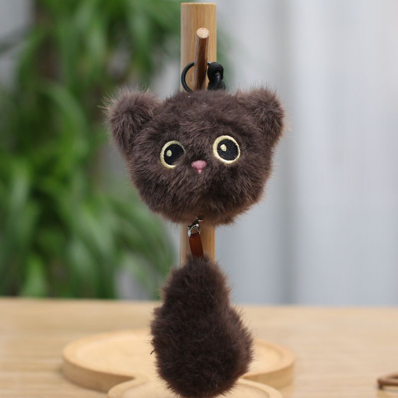 Мягкая игрушка Кот с вытягивающимся хвостом, брелок для сумки, подвеска, плюшевый кот, 12 см, Цвет: Темно-коричневый