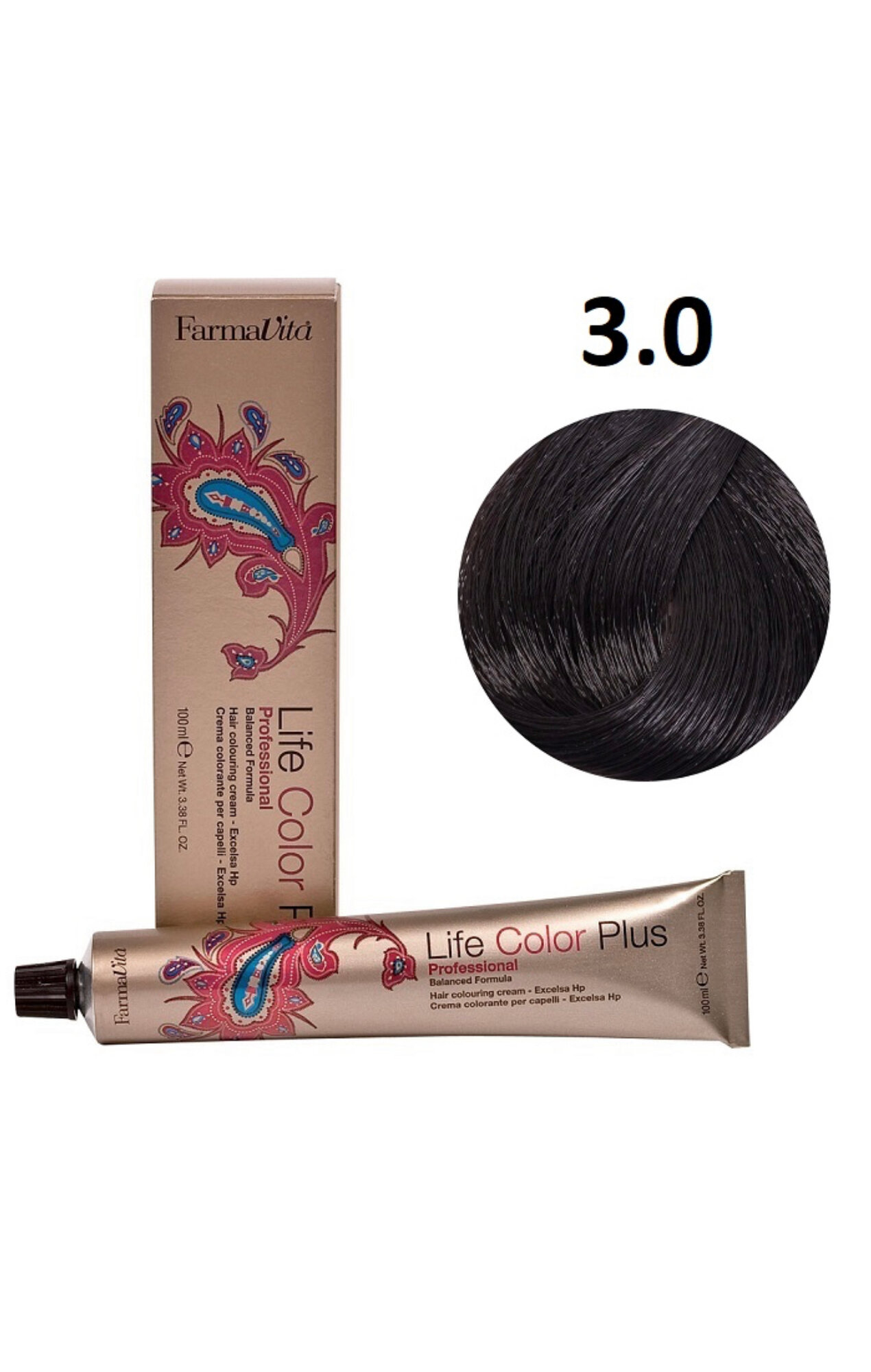 Стойкая крем - краска для волос FARMAVITA LIFE COLOR PLUS 3.0 темно коричневый 100 мл