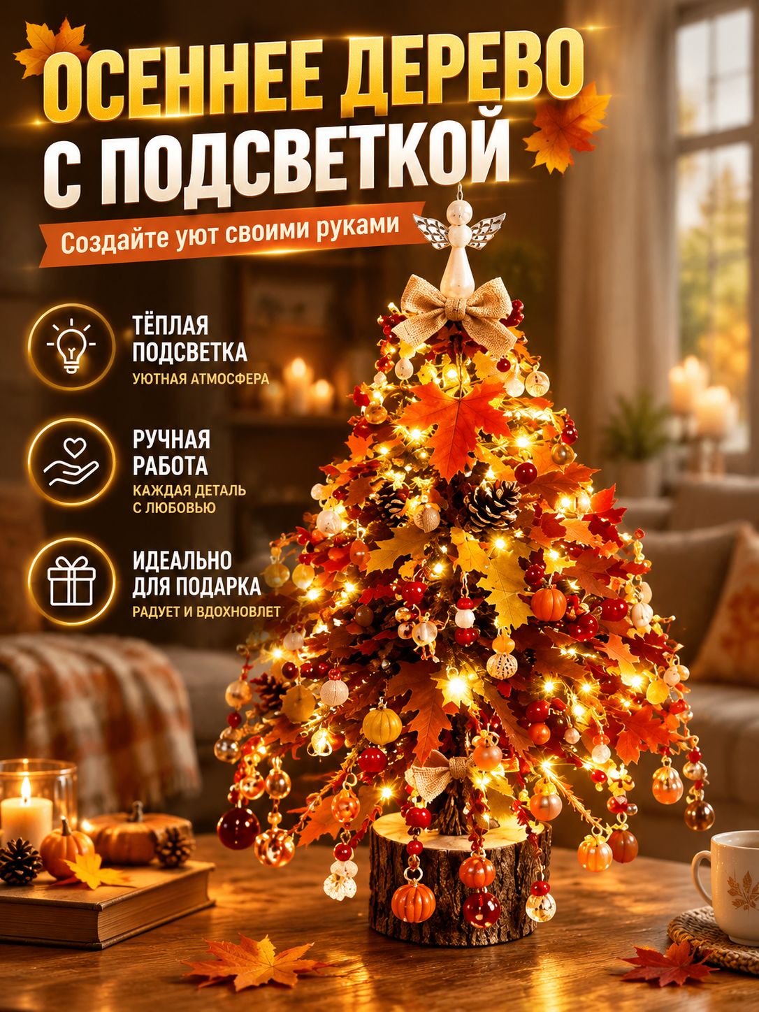 Осеннее мини-дерево DIY, с подсветкой, листья, декор для стола, набор